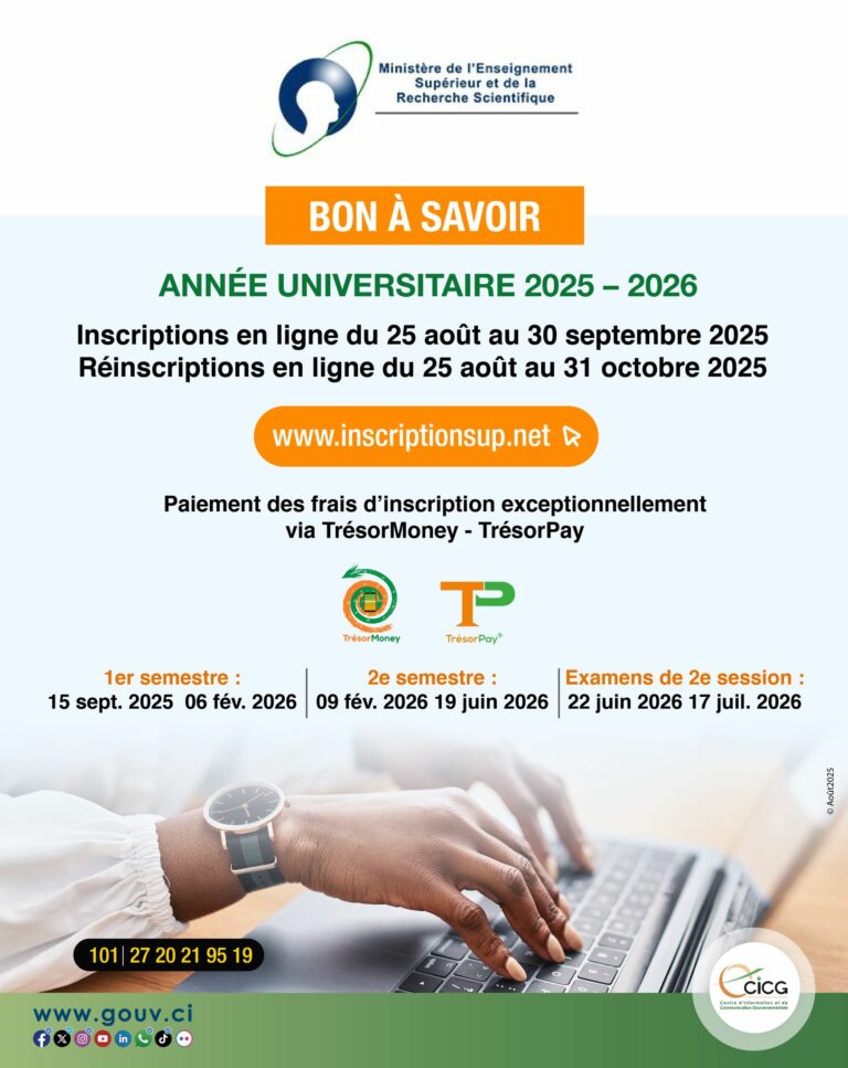 Inscription en ligne universitaire 2025-2026 CI : s’inscrire sur inscription.mesrs-ci.net