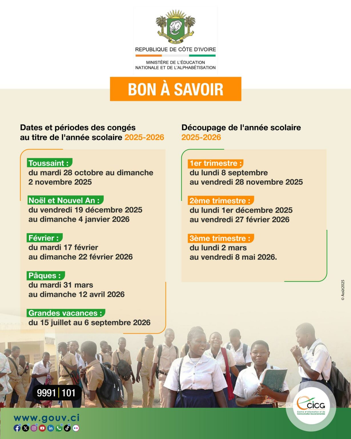 Calendrier scolaire 2025-2026 CI : date des congés scolaires - OUEST IN